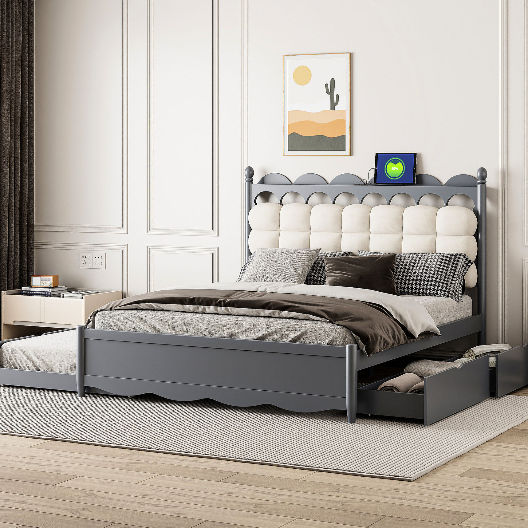 Queen Size Wooden Bed with 2 Drawers & Trundle / Ideal for Sleepovers ...