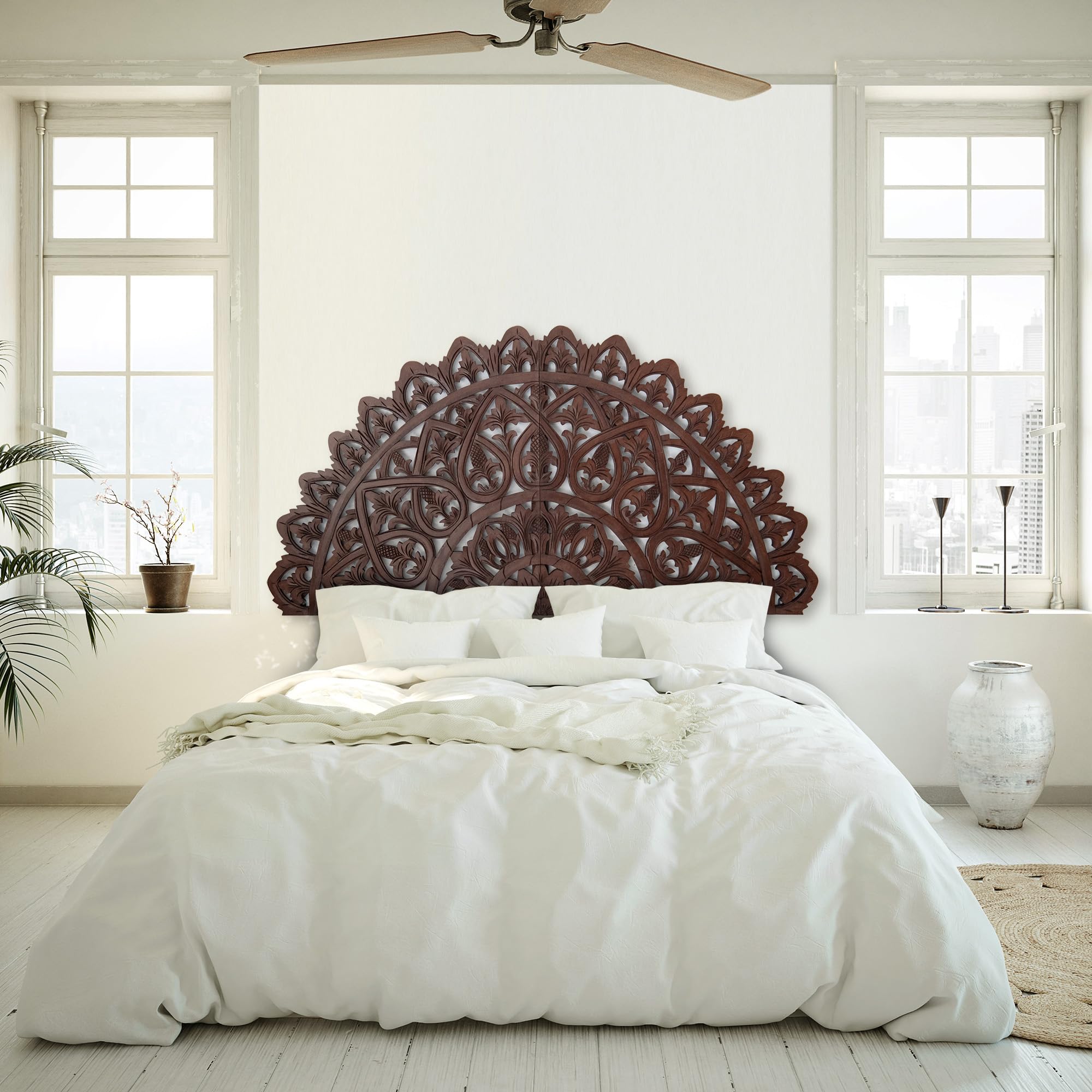 Queen Size Wooden Headboard Half Moon, Carved Full Bed Wall Mount Panel ...