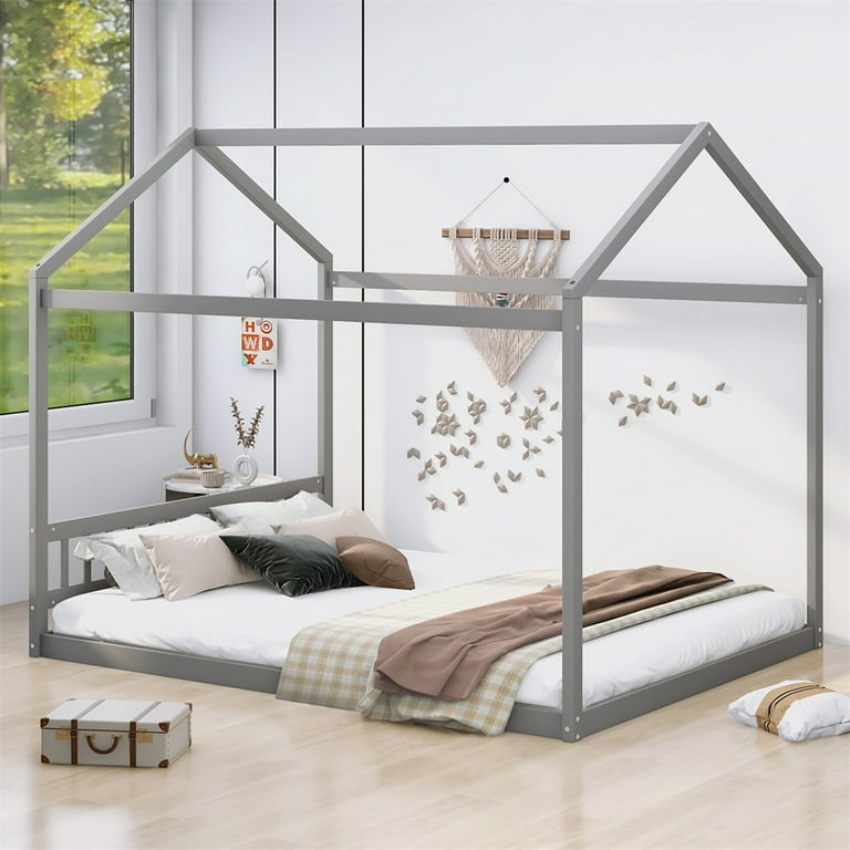 Stylish Queen Size House Shaped Bed with Sturdy Wooden Frame and Headboard Gray