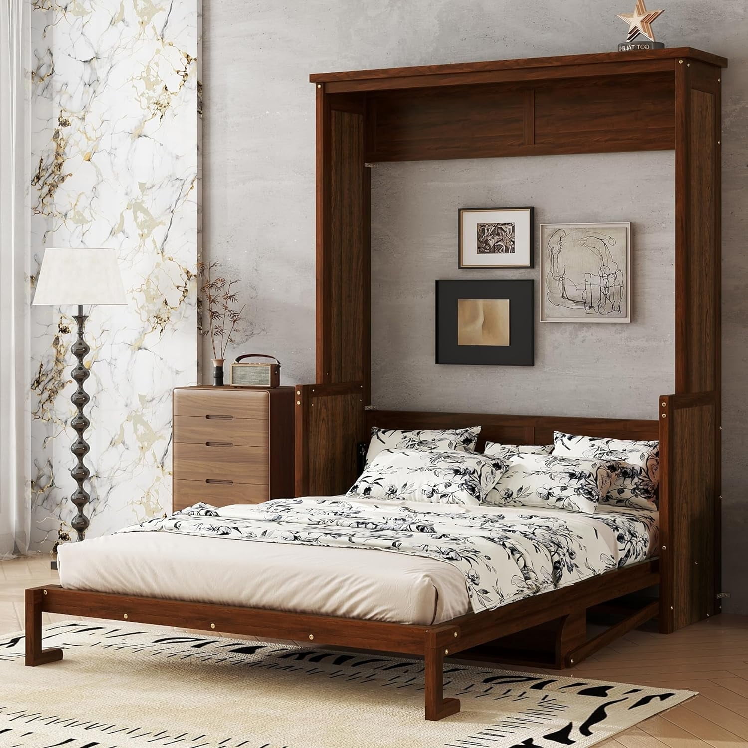 Queen Size Wooden Murphy Bed with Storage Shelf and Gas Struts, Space ...