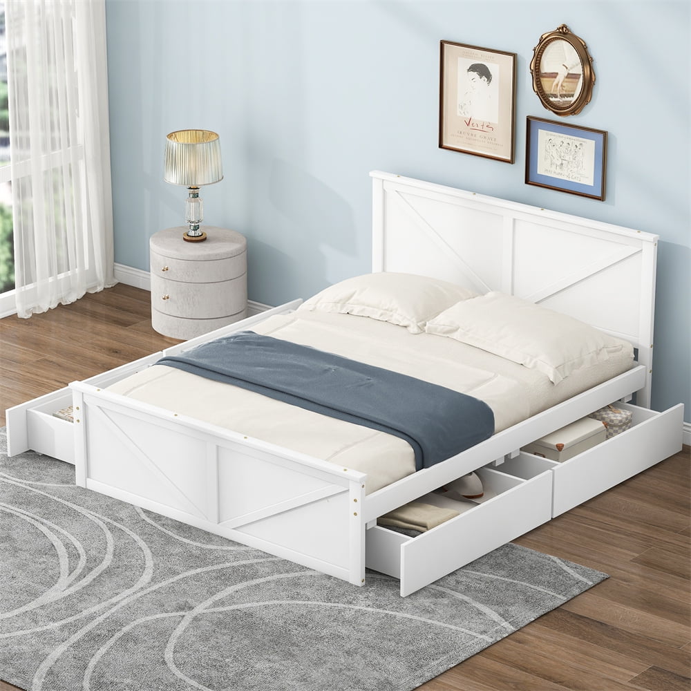 Queen Size Wooden Platform Bed Frame with Four Storage Drawers, Queen ...
