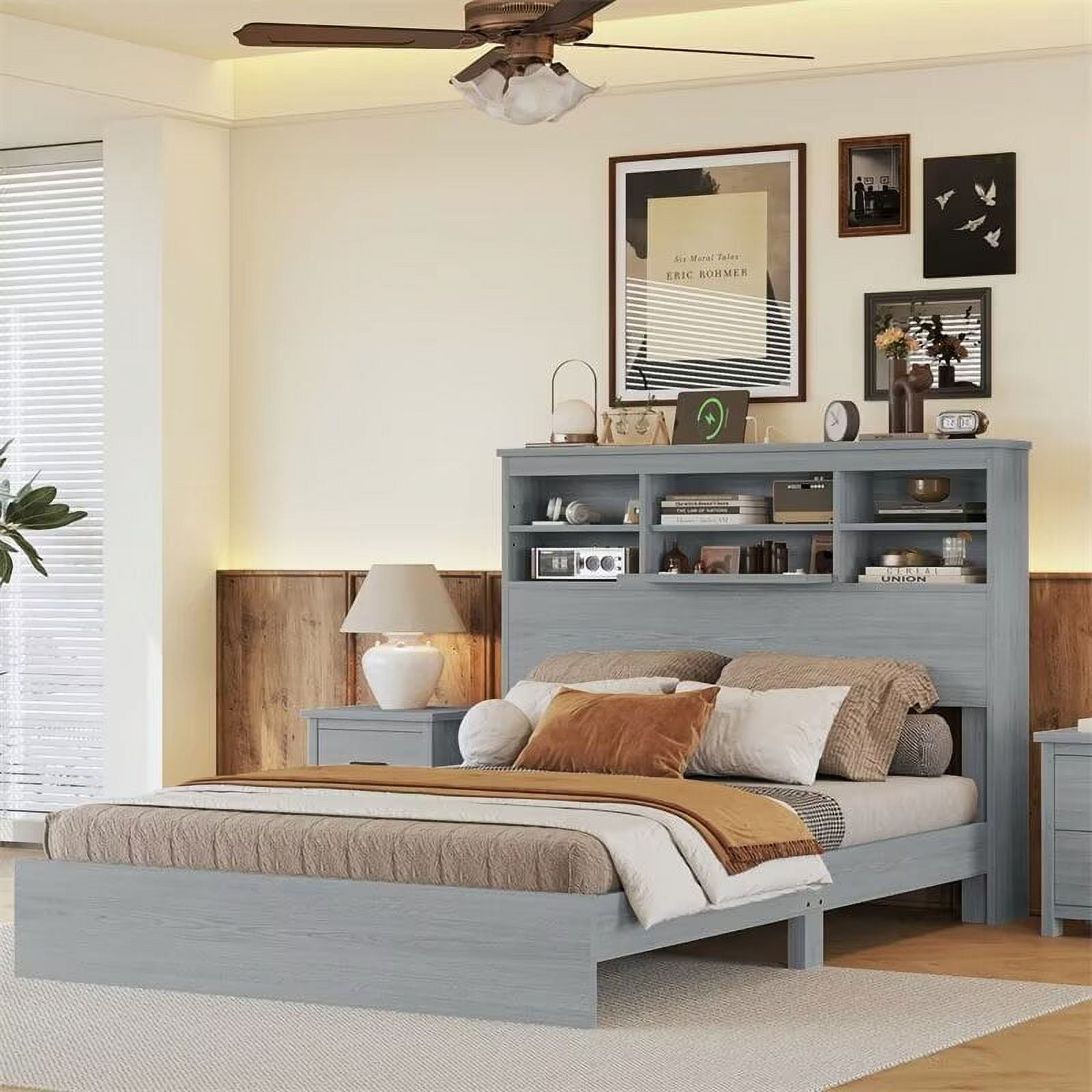 Queen Size Wooden Platform Bed with Storage Headboard, American Country ...