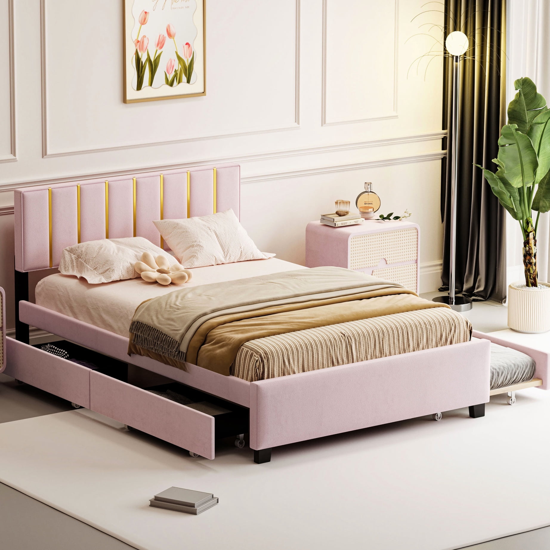 Queen Sized Upholstered Bed With 2 Drawers & Trundle, Pink, Classic ...