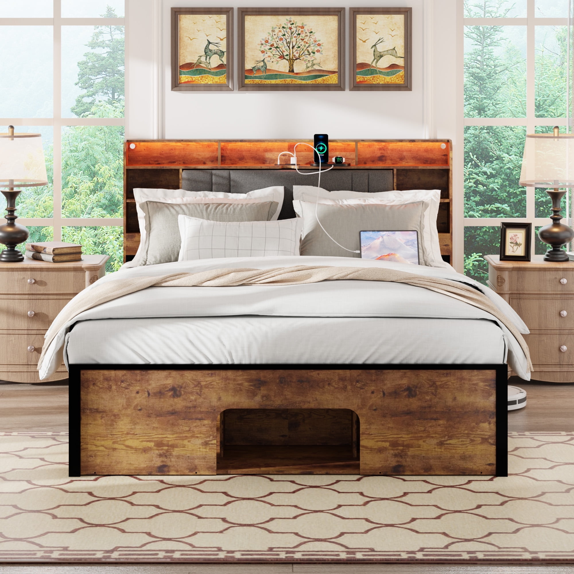 Queen Solid and Stable Bed Frame with Upholstered Headboard and Wood ...