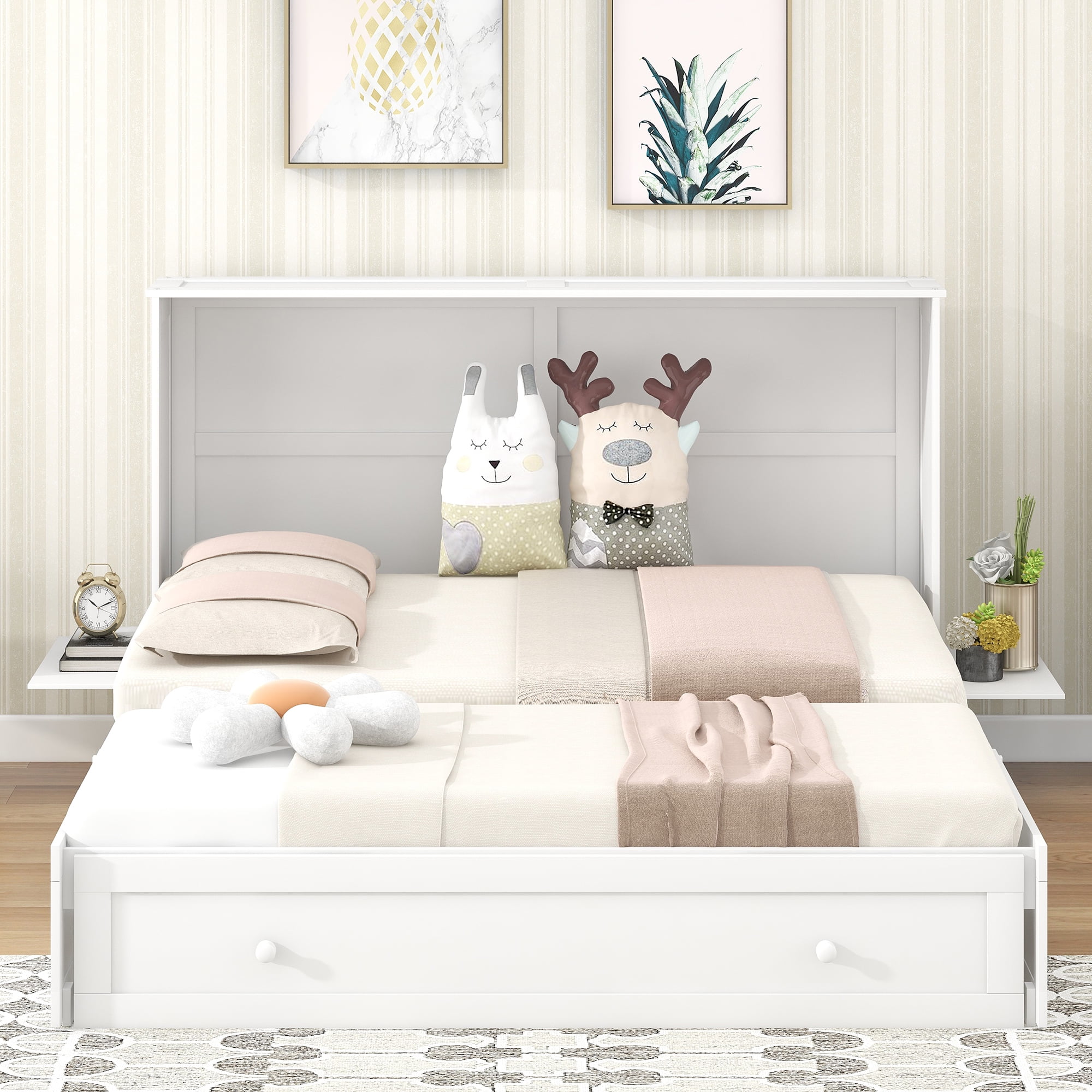 Queen Solid Wood Mobile Murphy Platform Bed with Wooden Slats, Queen ...