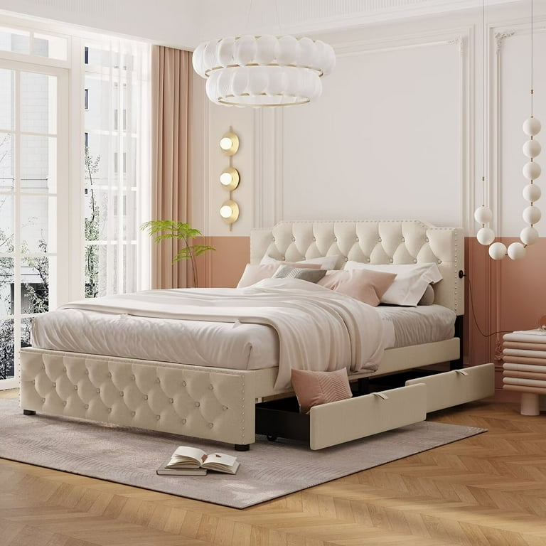 Queen Size Upholstered Platform Bed with 2 Drawers and 2 Sets of USB Ports On Each Side Linen Fabric Beige