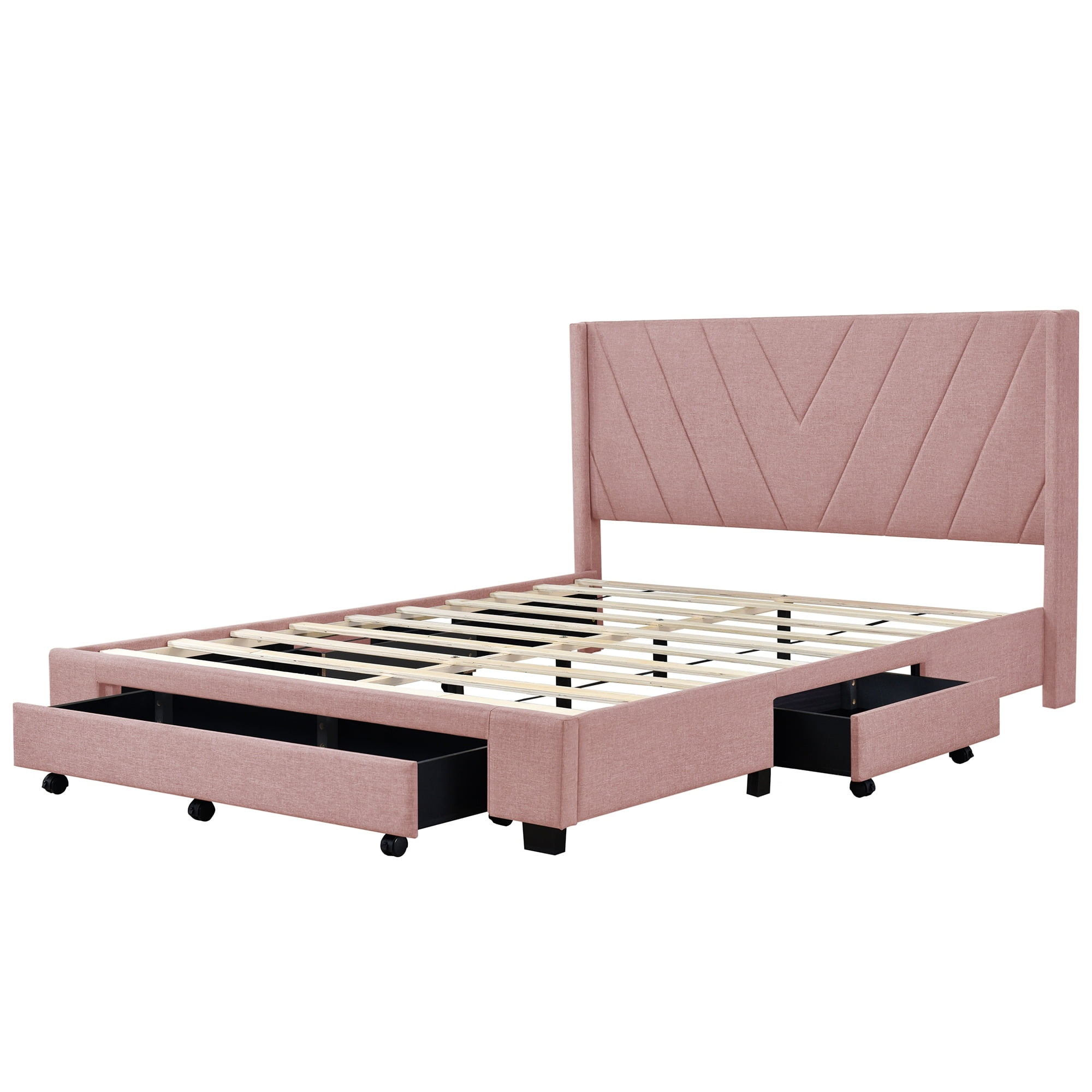 Queen Storage Bed Pink Tufted Striped Wing Design Bed with 3 Drawers ...