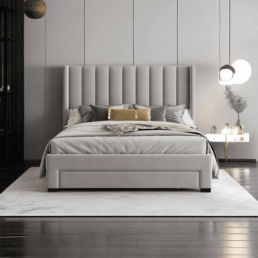 Queen Storage Drawer, Velvet Upholstered Platform Bed Frame with Classic Wingback Headboard ...
