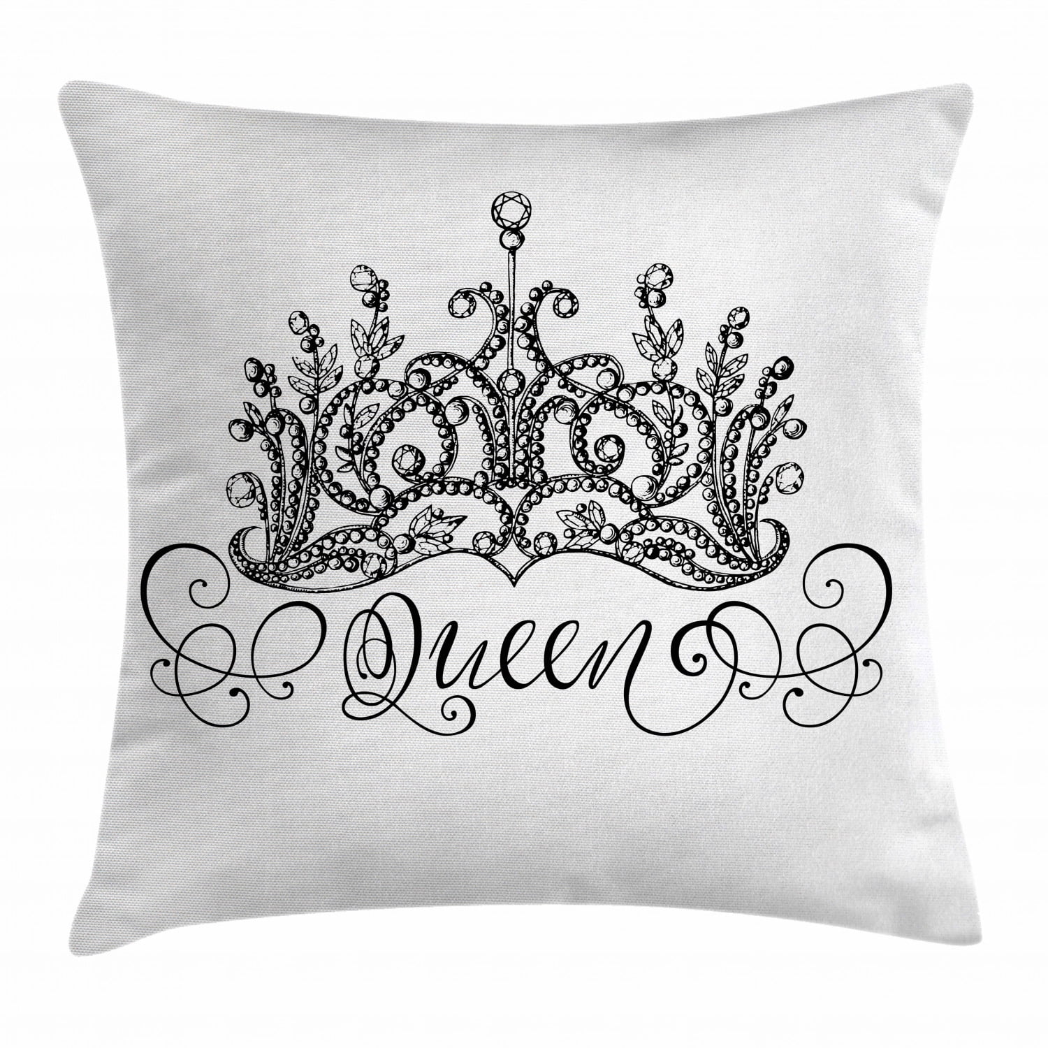 Queen Throw Pillow Cushion Cover, Hand Drawn Crown with Queen Lettering ...