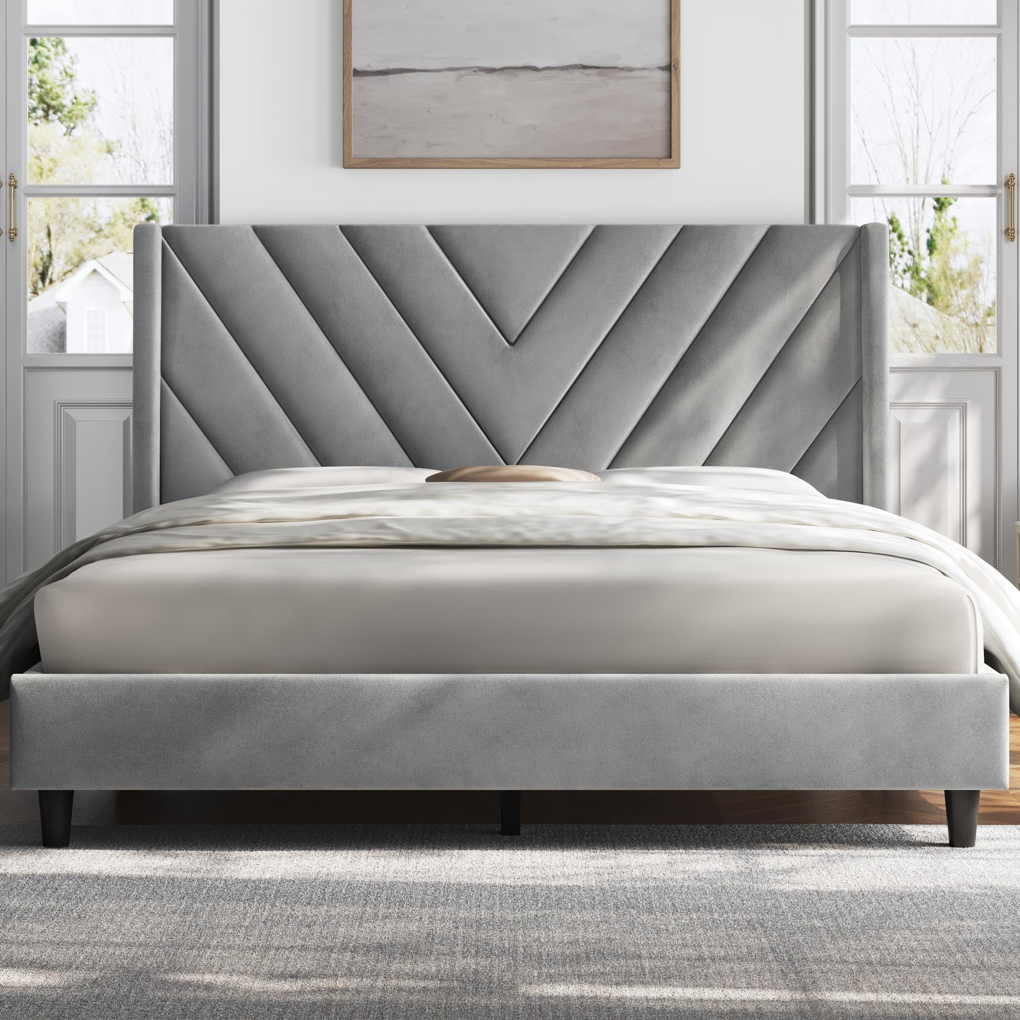 Queen Upholstered Bed Frame, Wing Side Tufted Headboard, Wooden Support ...