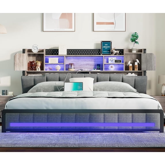 Queen Size Upholstered Bed Frame with Storage, Bookcase Headboard & LED ...