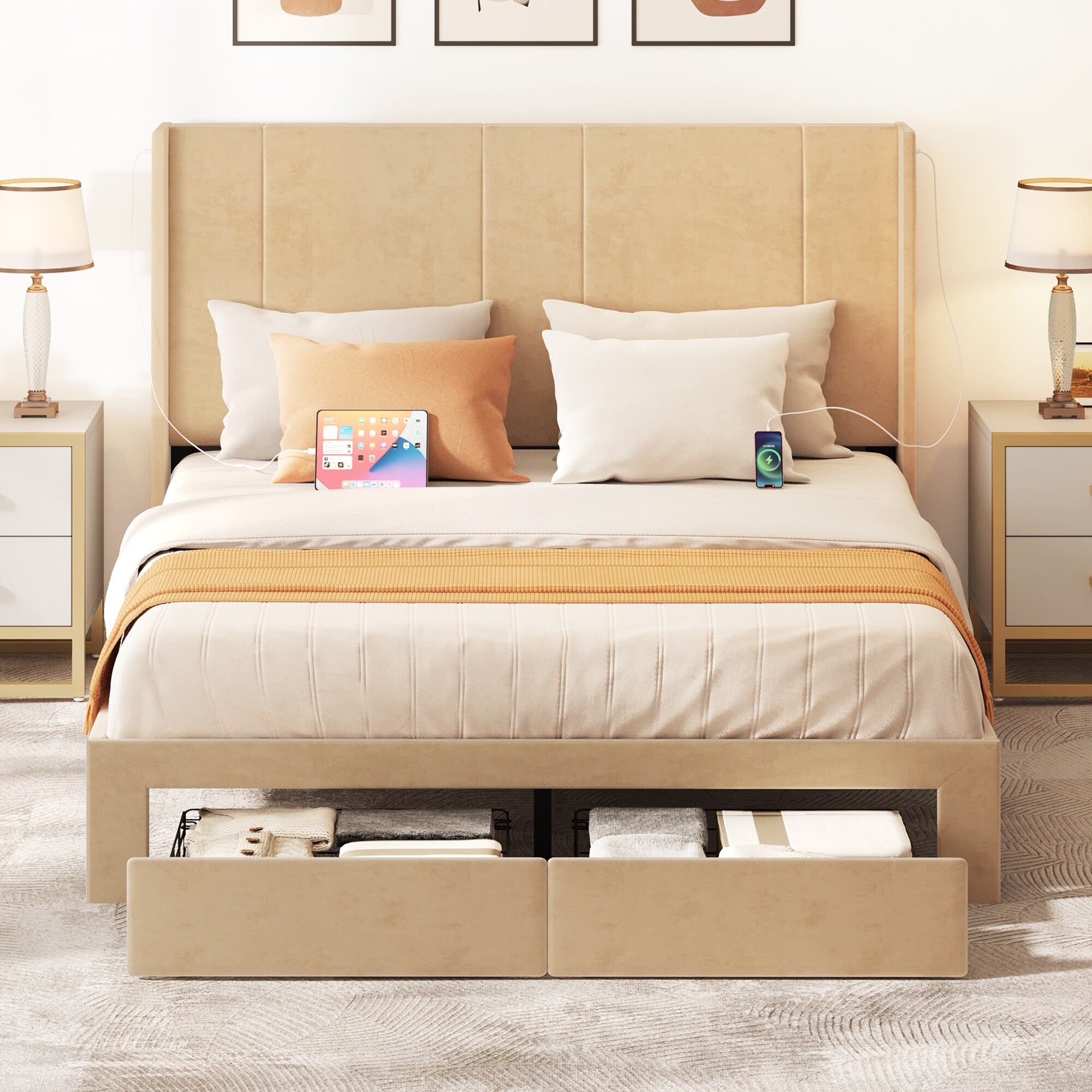Queen Upholstered Bed Frame with Storage Drawers Headboard Built-in 4 ...