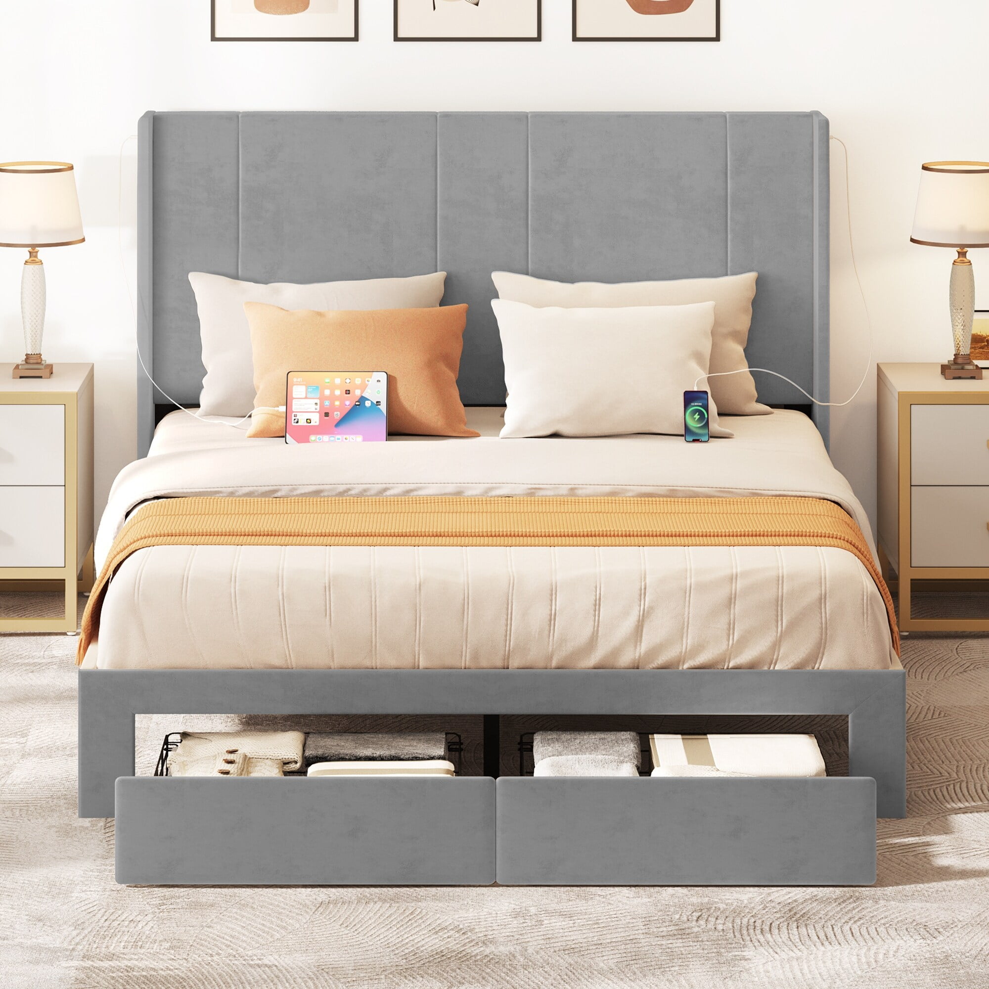 Queen Upholstered Bed Frame with Storage Drawers Headboard Built-in 4 ...