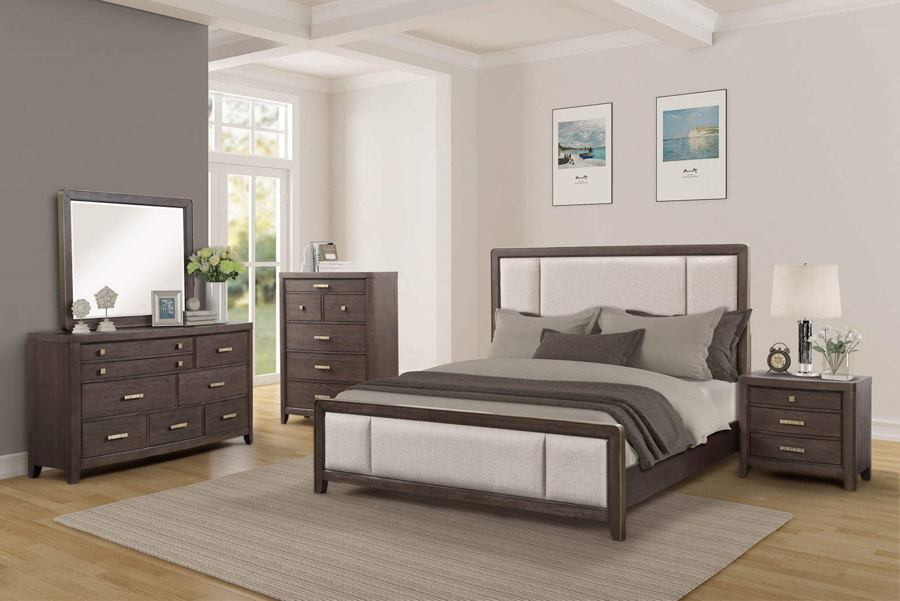 Queen Upholstered Headboard Footboard Antique Brown Wood Finish With ...