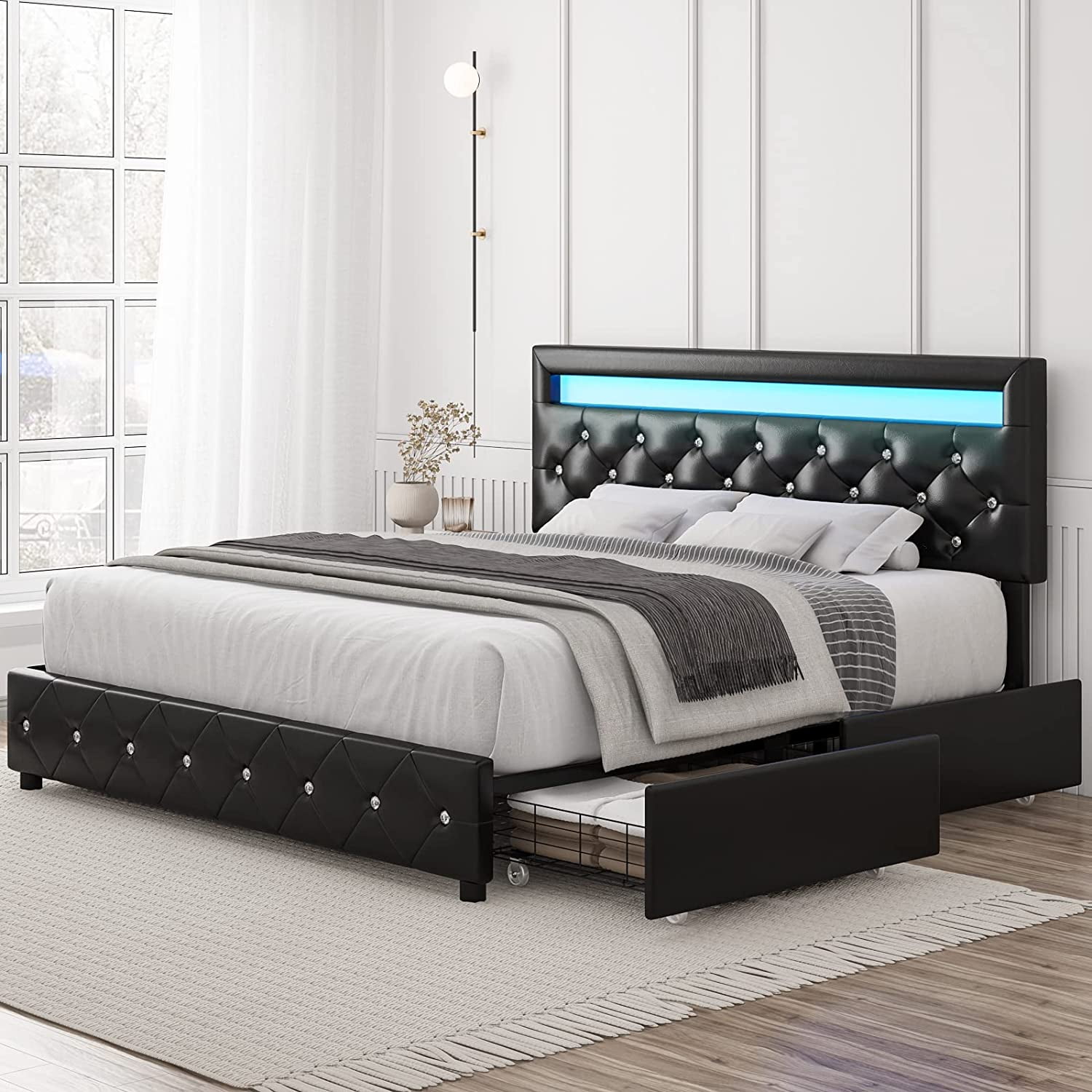 Queen Upholstered LED Bed Frame with 4 Storage Drawers and Adjustable ...