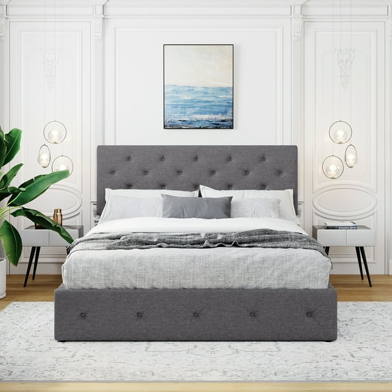 Queen Upholstered Platform Bed Frame with a Hydraulic Storage System ...