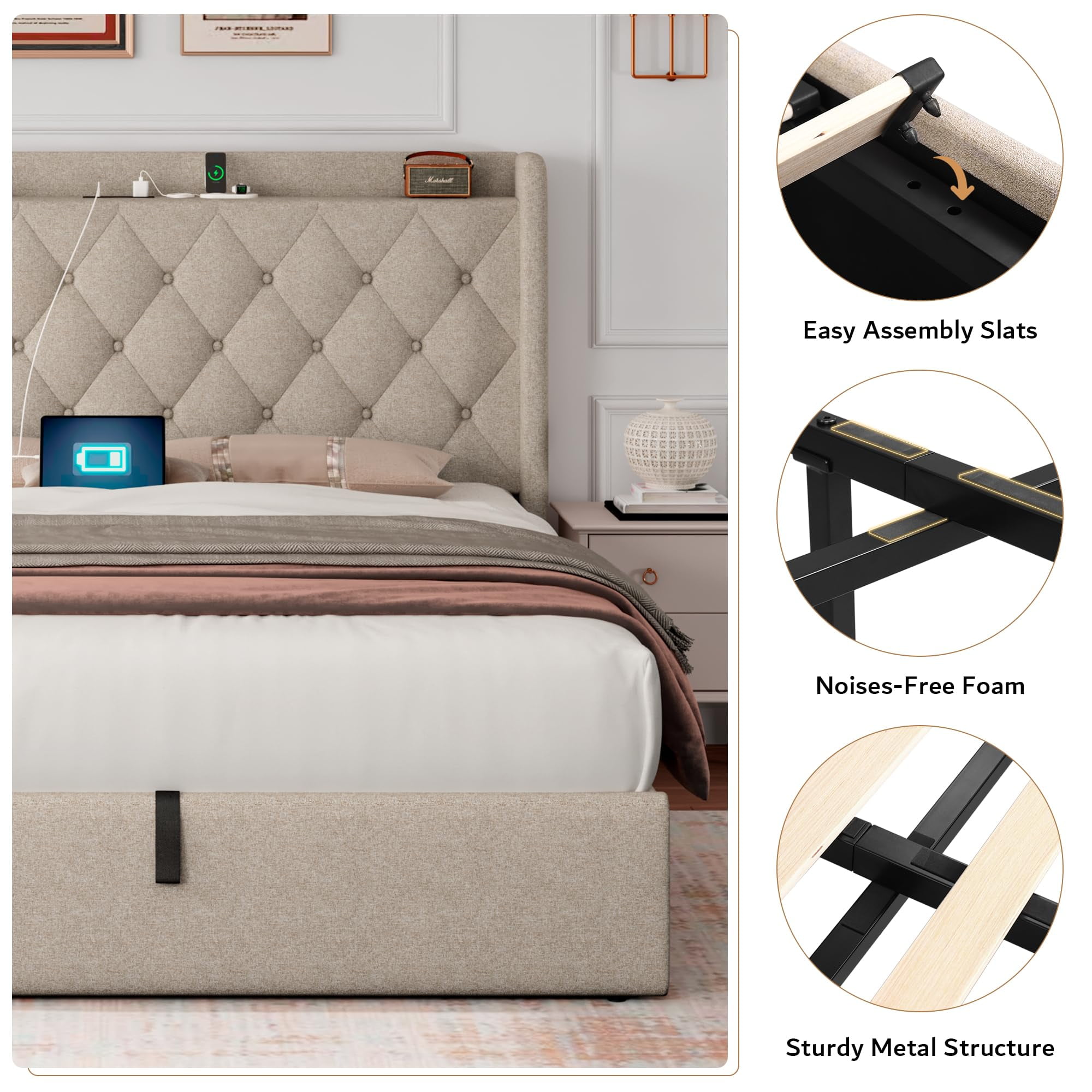 Queen Upholstered Platform Bed Frame with Lift Up Hydraulic Storage ...