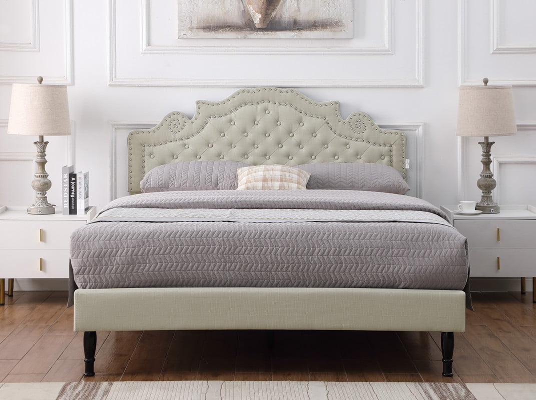 Queen Upholstered Platform Bed Frame with 47" Tall Adjustable Headboard ...