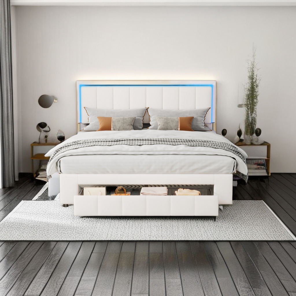 Queen Upholstered Platform Bed with LED Lights and Two Motion Activated ...