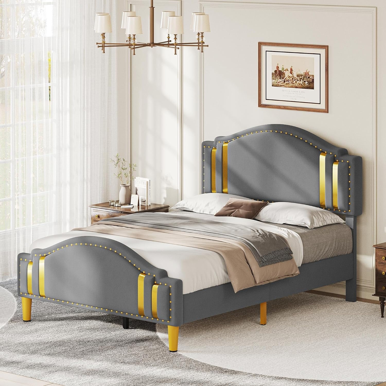 Queen Velvet Bed Frame with Adjustable Headboard, Upholstered Headboard ...