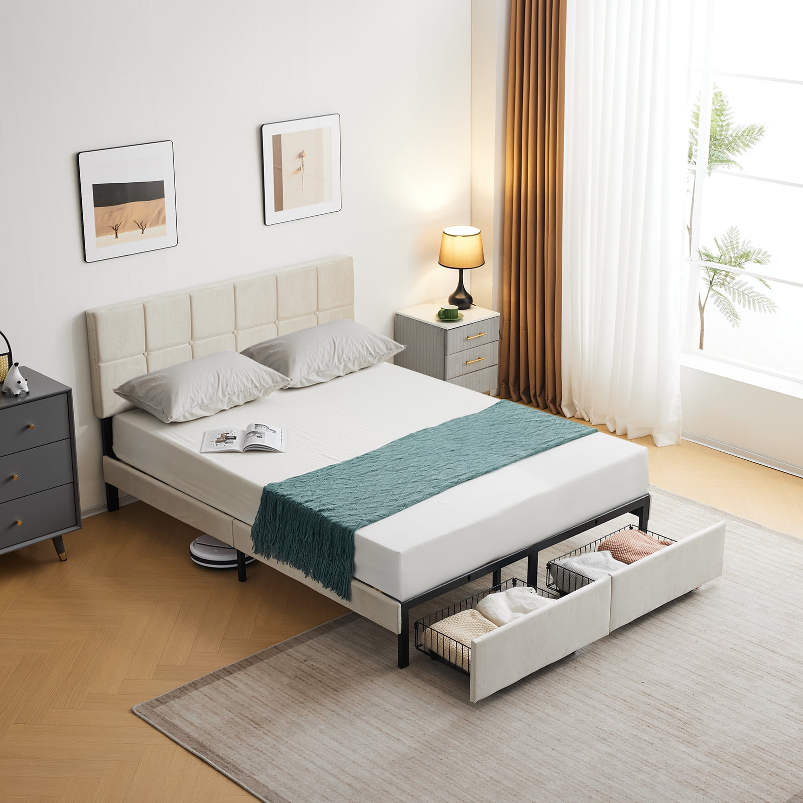 Queen Velvet Upholstered Platform Bed with Storage Drawers, Channel ...