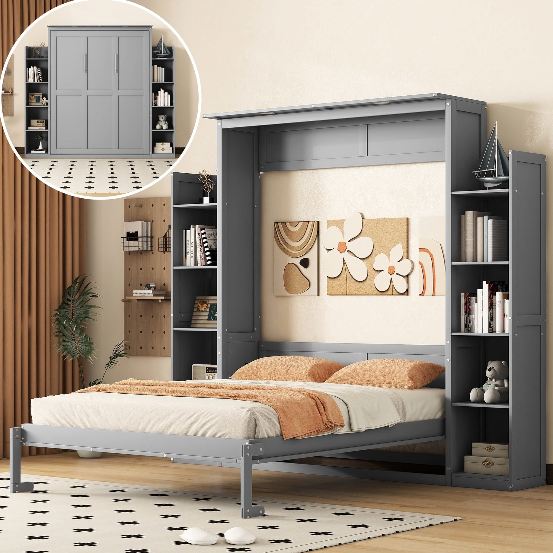 Queen Wall Bed | Store Items in 2 Five-Layer Cabinets | Ideal for Small ...