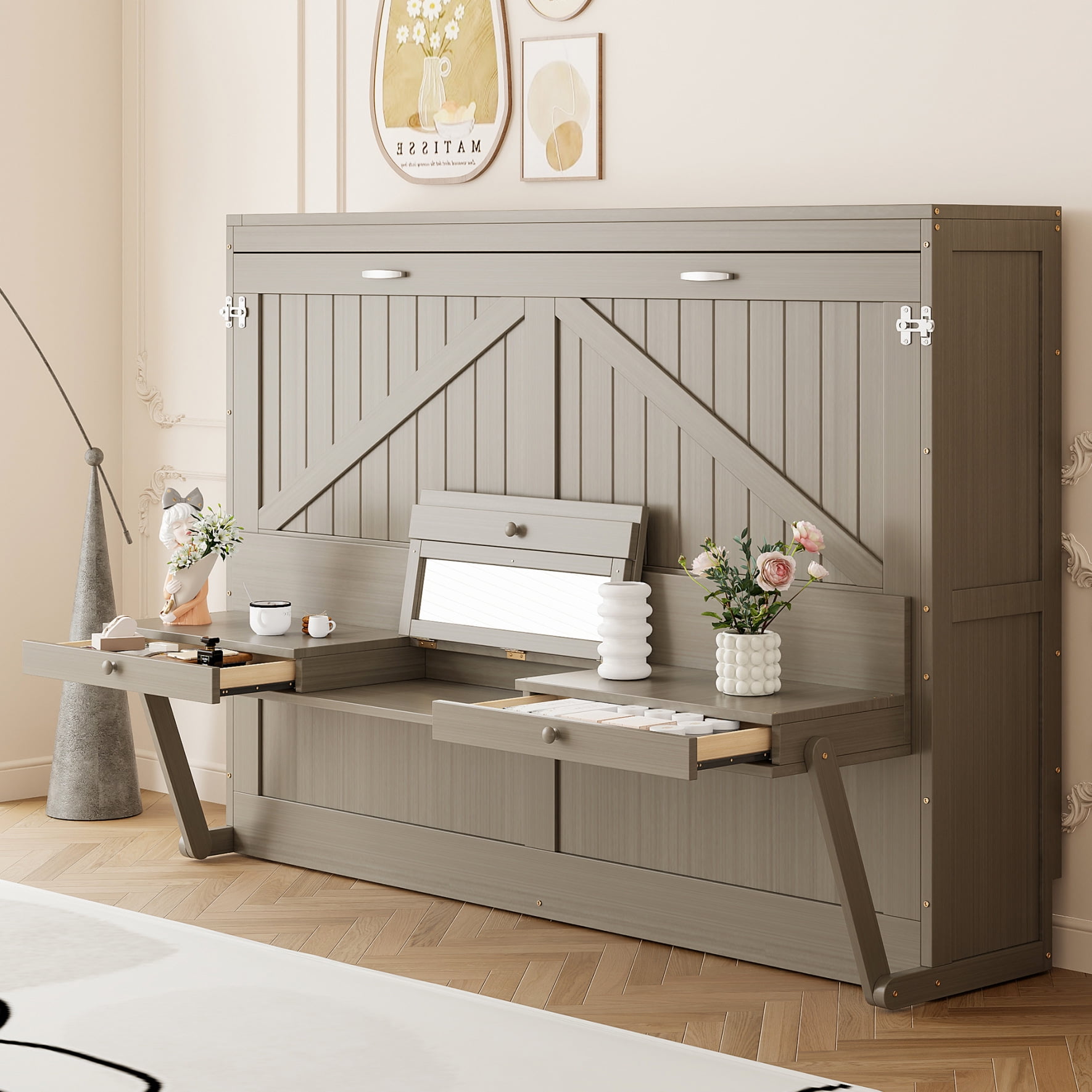 Queen Wall Murphy Bed with 2 Side Drawers, Wooden Foldable Cabinet Bed ...