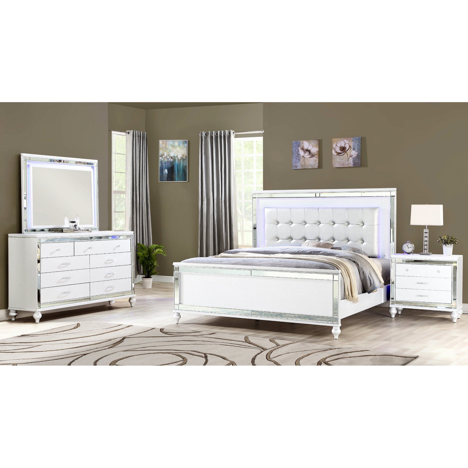 Queen White Wood 4 - Piece Set - Diamond Drawer Pulls and LED - Bedroom ...