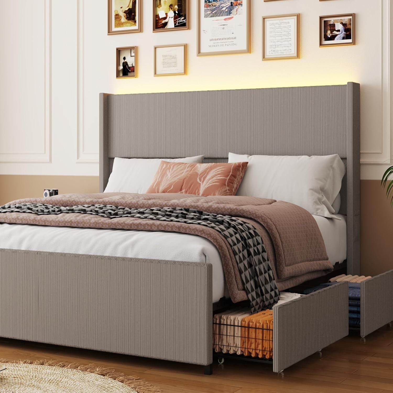 LED Queen Bed Frame with 52"H Wingback Headboard & 2 Drawers, Corduroy ...