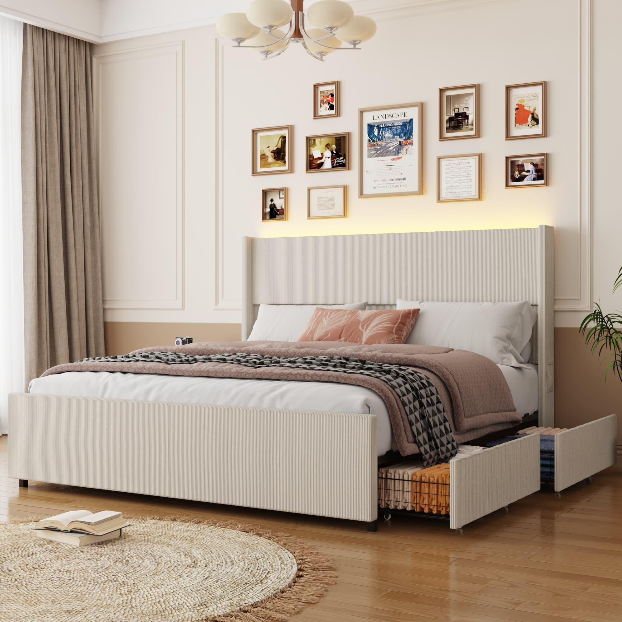 Queen Wingback Bed Frame with 51" Headboard & 2 Drawers, Corduroy ...