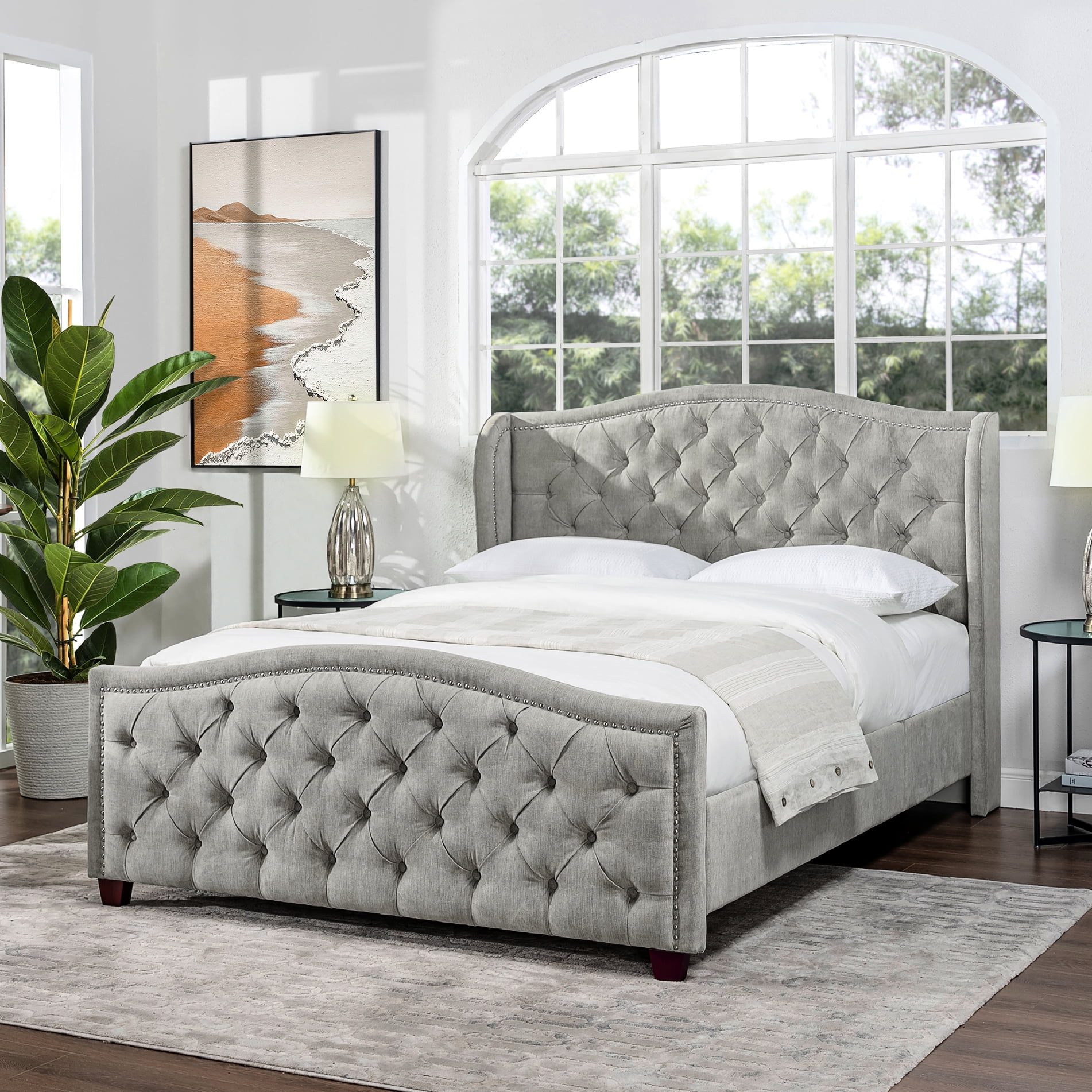 Queen Wingback Upholstered Bed, Silver Grey Covering Bed Frame With ...