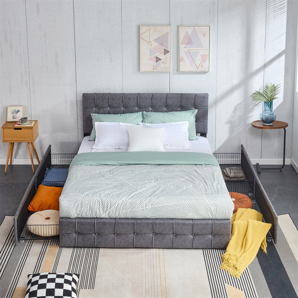 Queen Wood Bed Frame with Storage & Wood Slats, Wooden Platform Bed ...