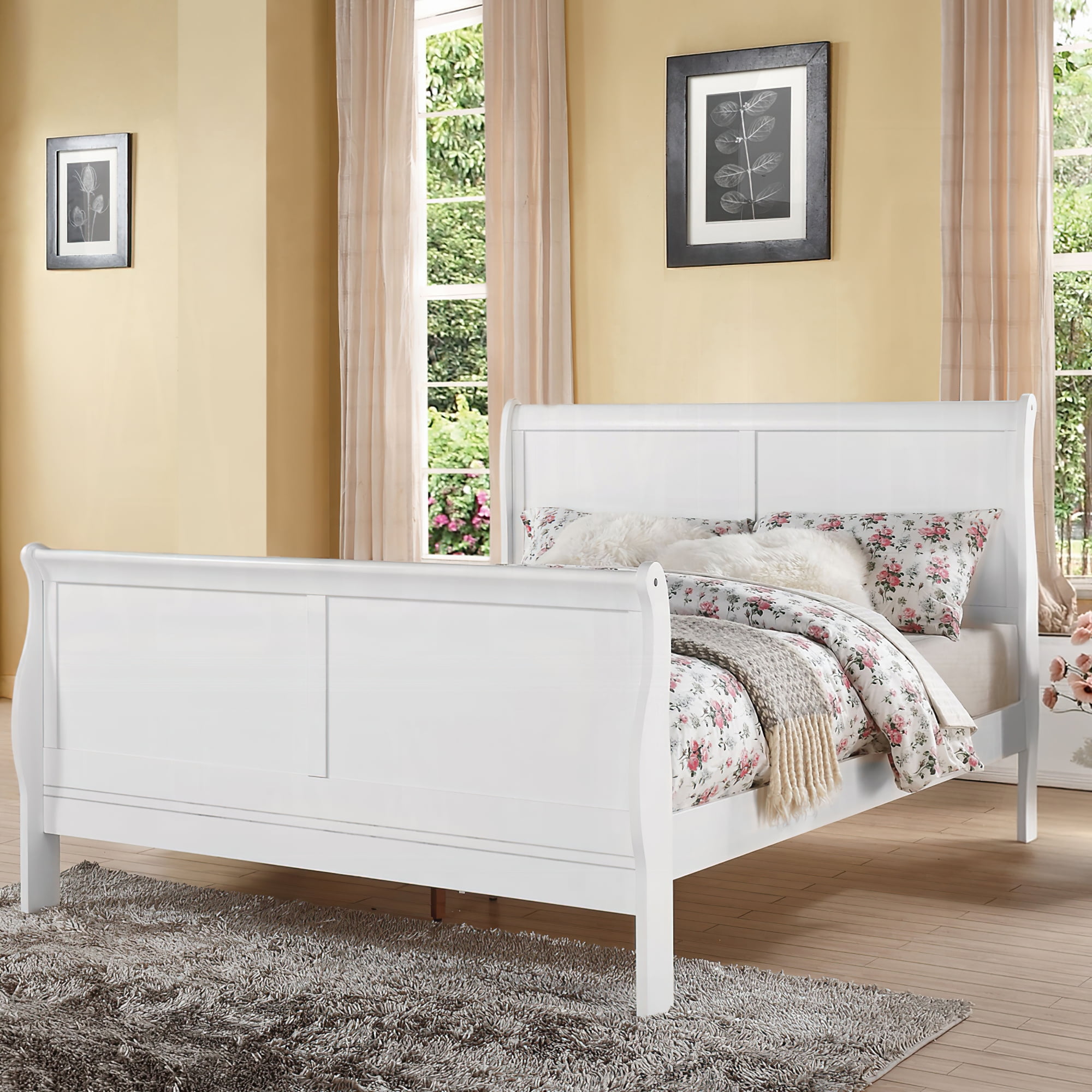 Queen Wooden Sleigh Bed in White for Bedroom - Walmart.com