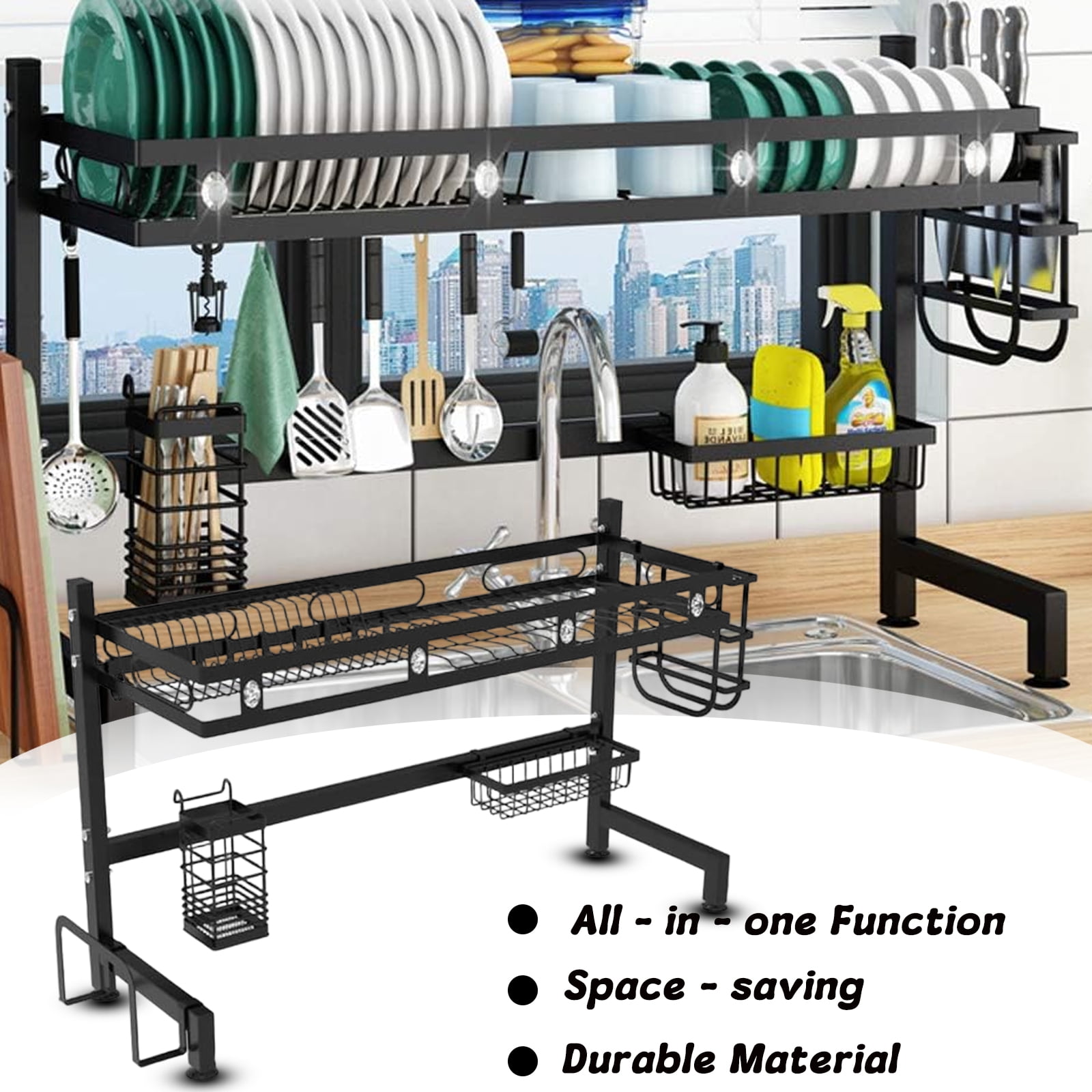 Queen.Y Over the Sink Dish Rack with Utensil and Sponge Holder Kitchen ...