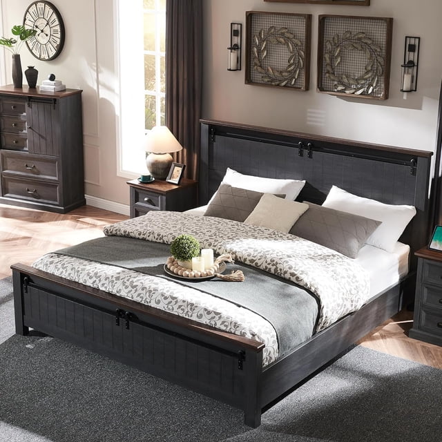 SinCiDo Farmhouse Queen Bed with Wooden Frame, Headboard, and Metal ...