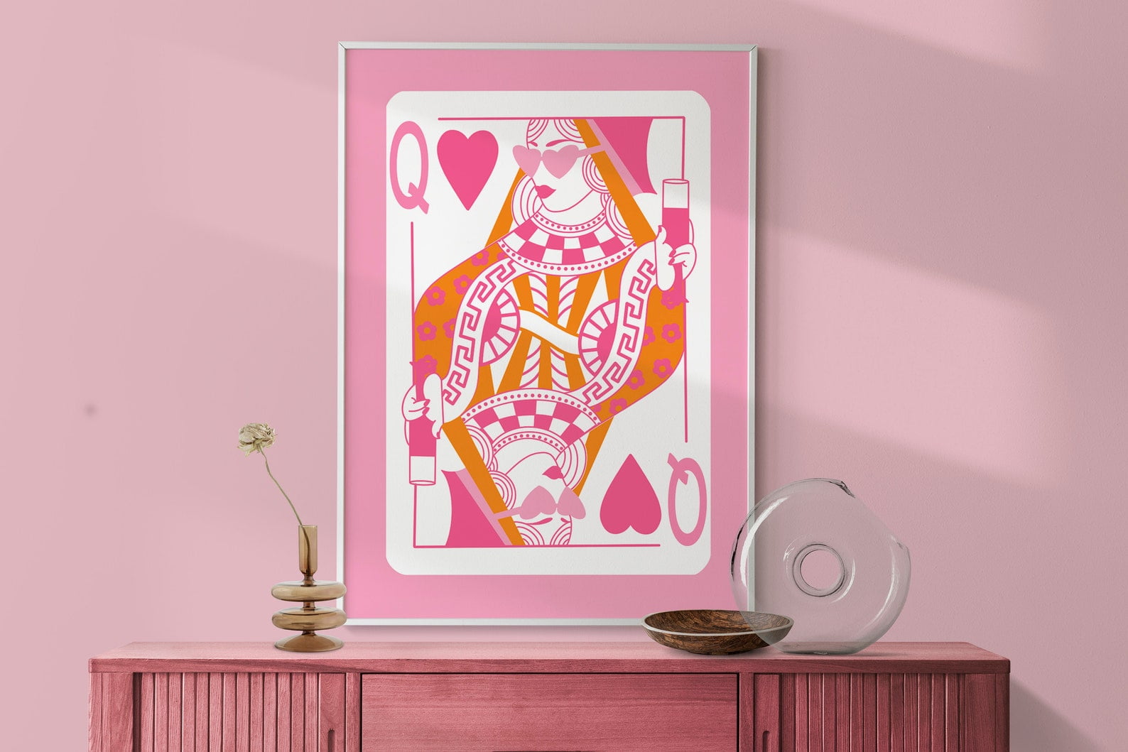 Queen of Hearts Playing Card Poster, Pink Modern Card Art Illustration ...