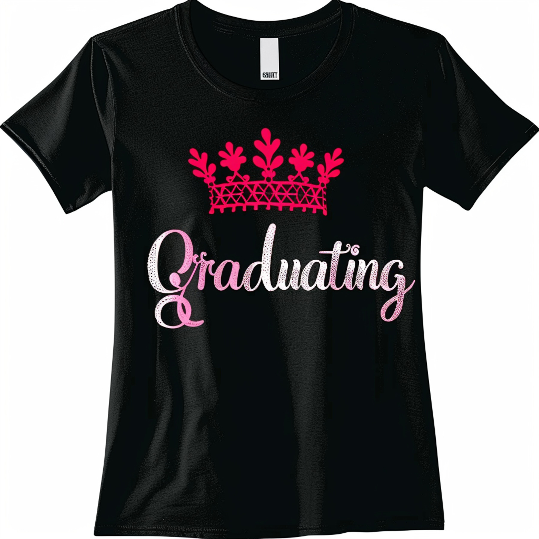 Queen of Pink Graduating Text with Crown on Black T Shirt Elegant ...