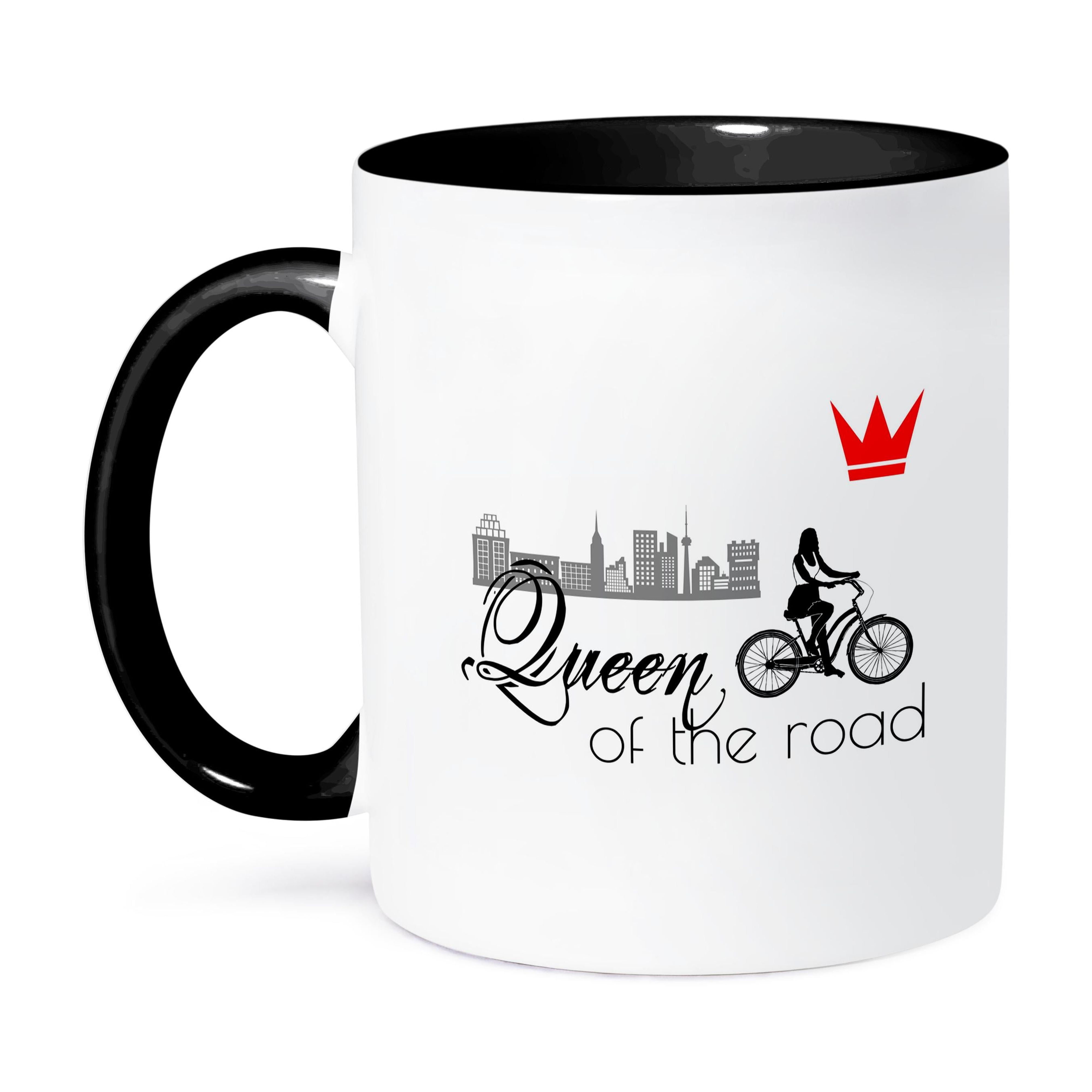 3dRose, Queen of the road. Female bicycle rider, red crown, city on white, 15oz Two-Tone Black ...