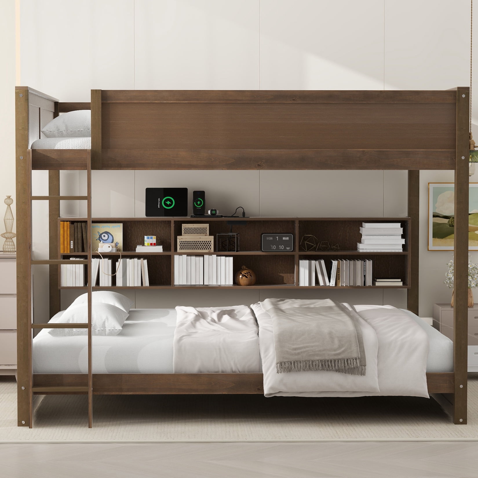 Queen over Queen Bunk Bed, Modern Wooden Bunk Beds with Open Storage ...