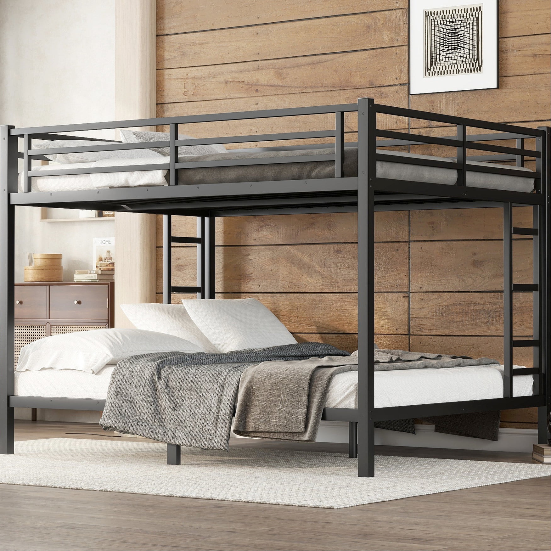 Queen over Queen Metal Bunk Bed Stable Legs Two-Side Ladder for Custom ...