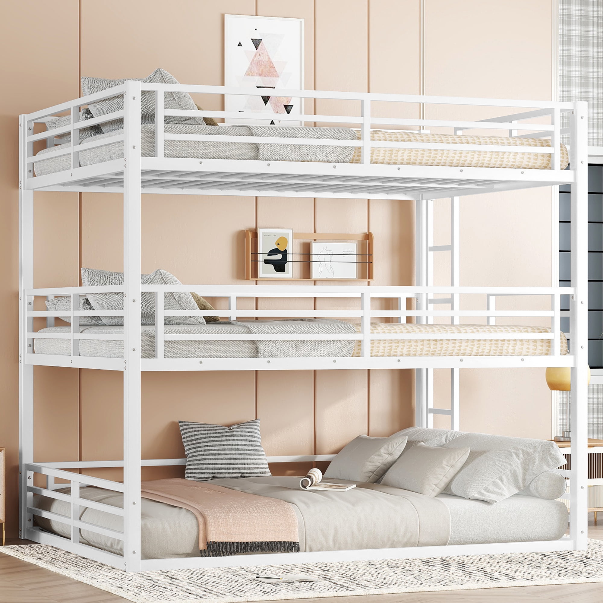 Queen over Queen over Queen Bunk Bed, Metal Triple Bunk Bed with Safety ...