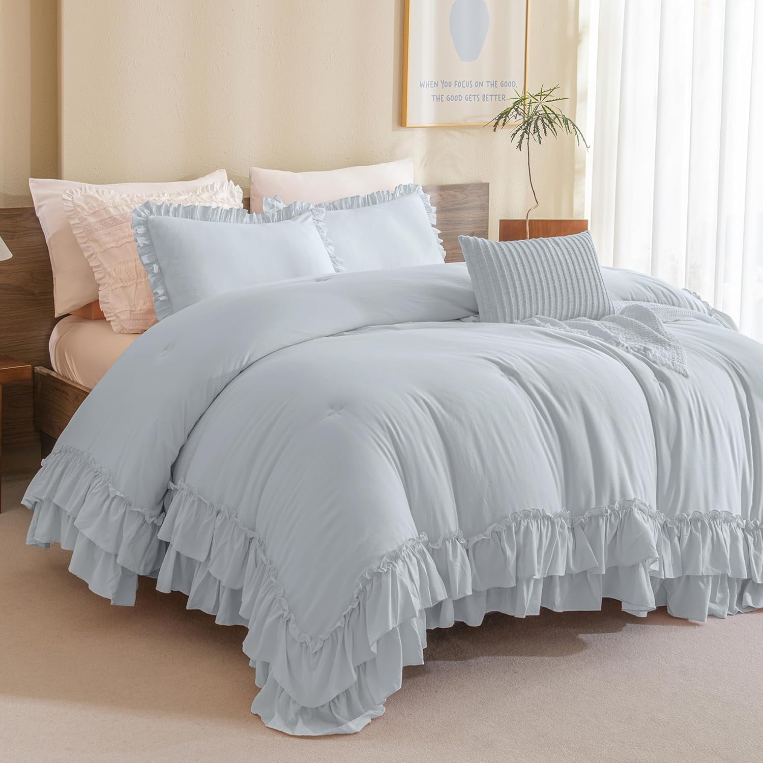 Queen's House Light Blue Ruffled Comforter Set, Queen Size, Lightweight ...