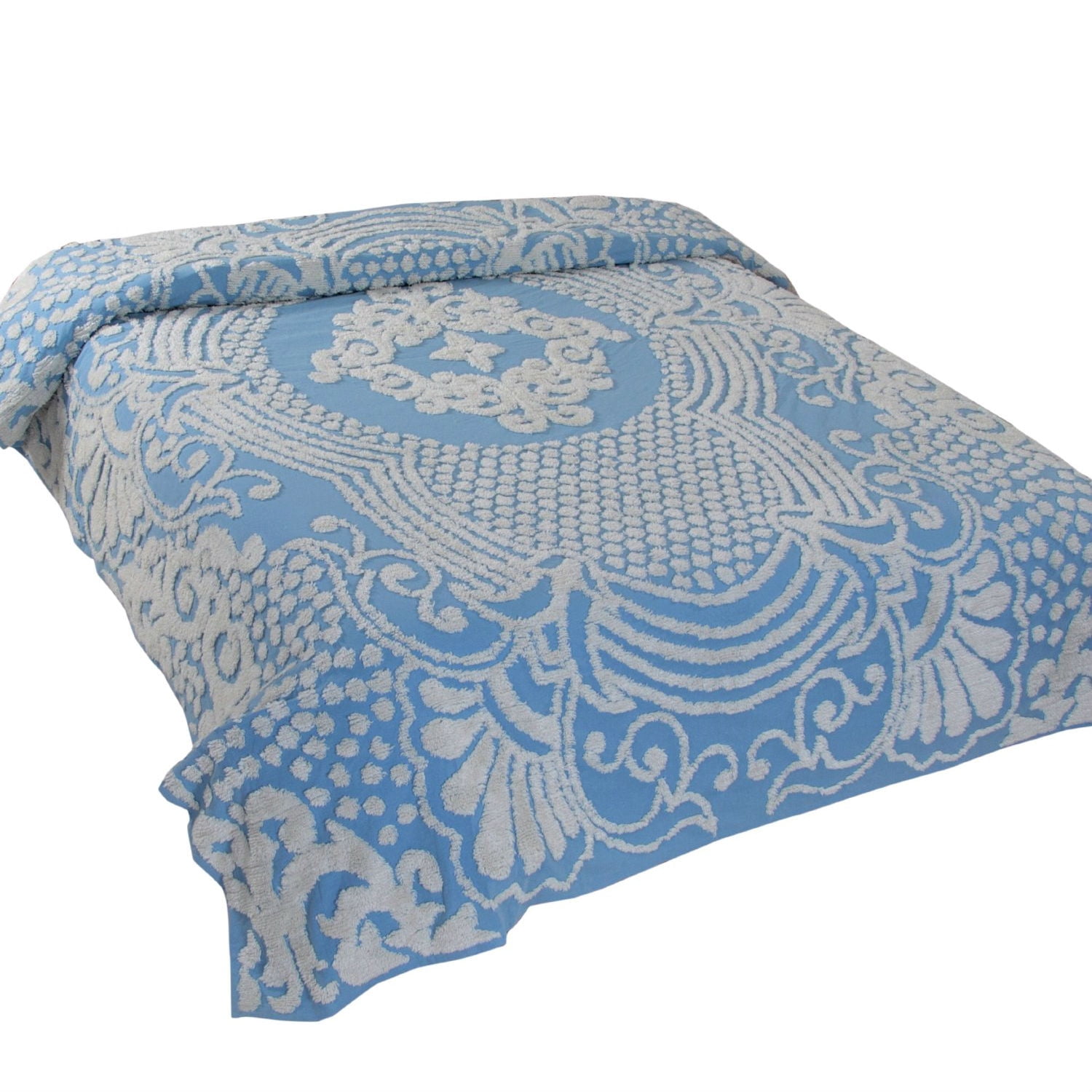 Queen size 100% Cotton Tufted Chenille Bedspread with Blue Damask ...
