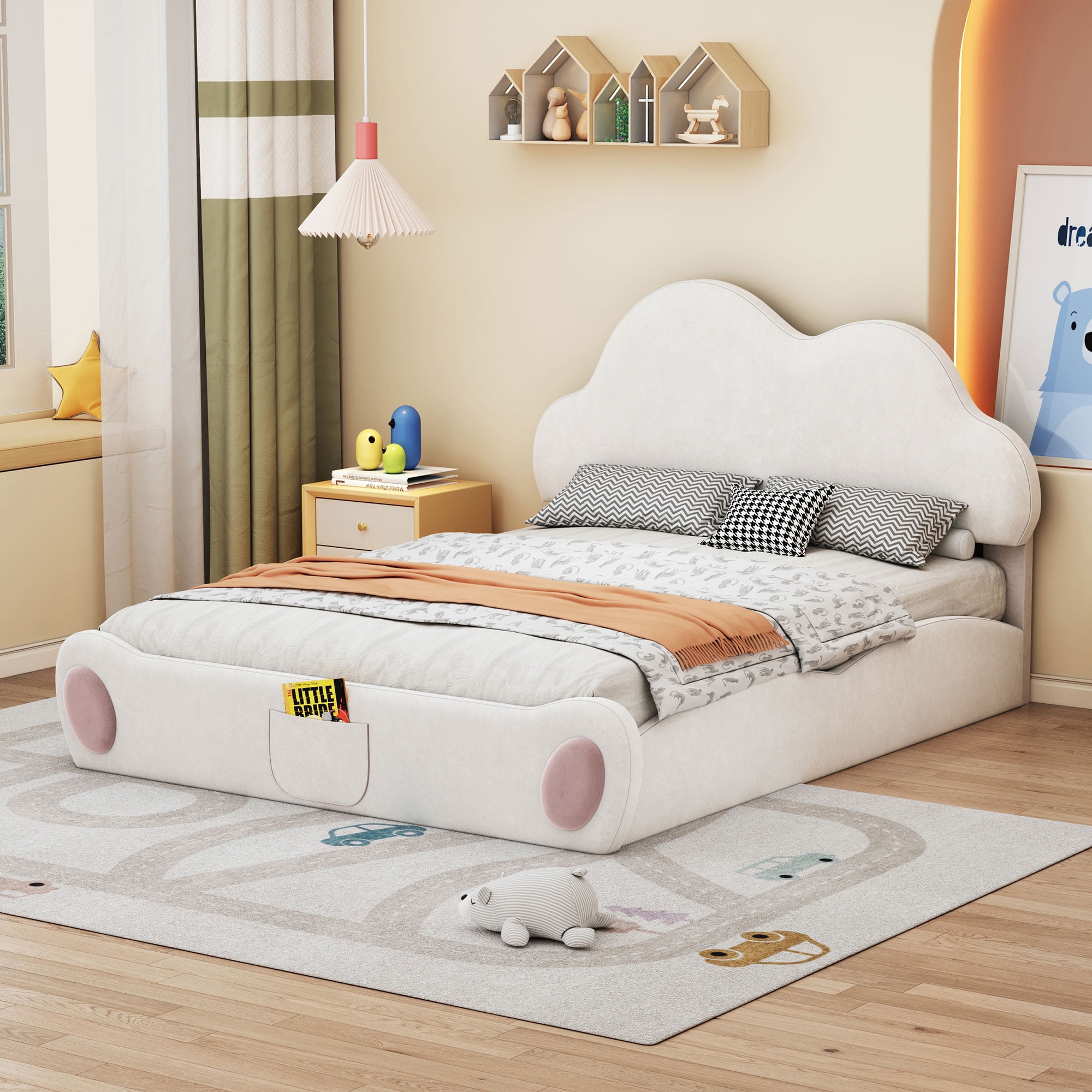 Queen Size Cloud-Shaped Headboard Upholstered Platform Bed With Rounded ...