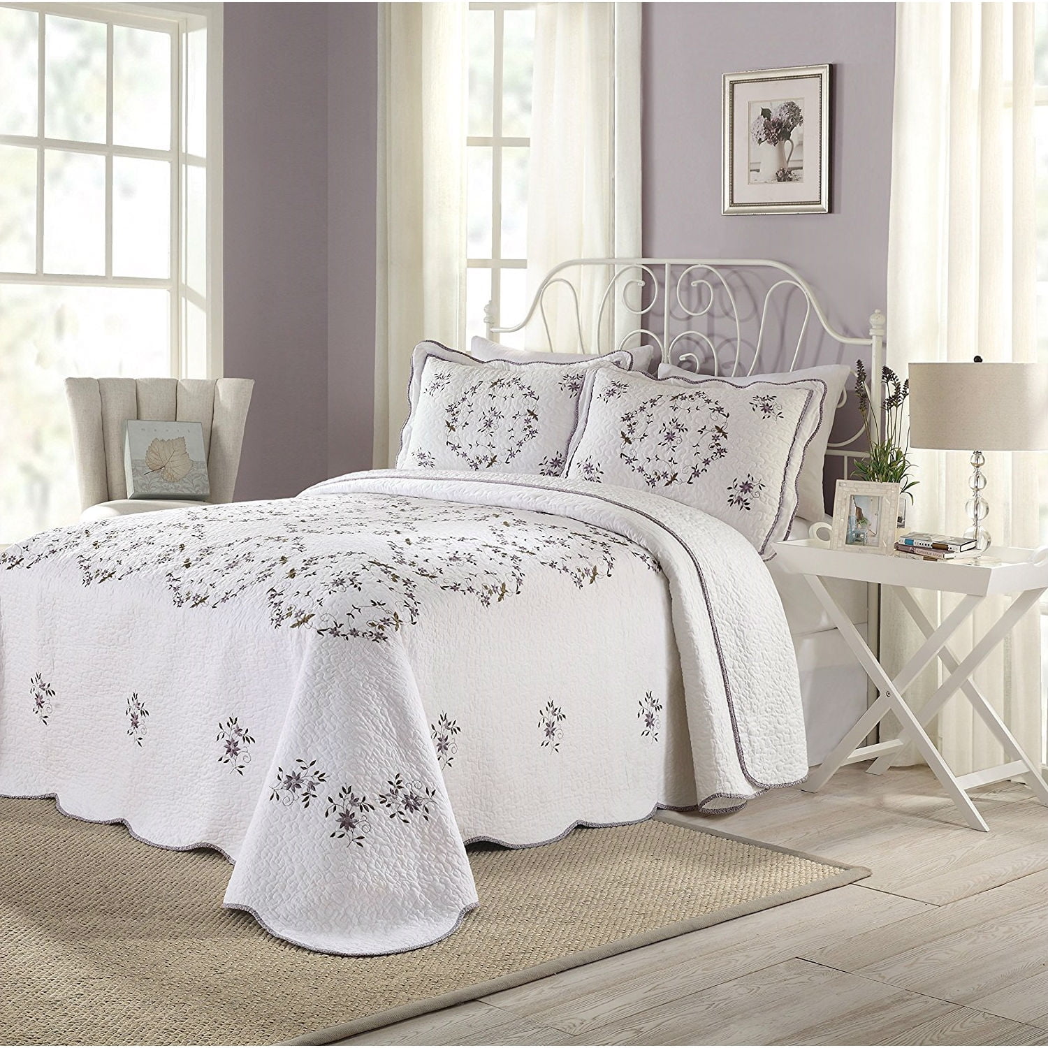 Fast Furnishing Queen Size Cotton Bedspread, Scalloped Edges, Floral ...