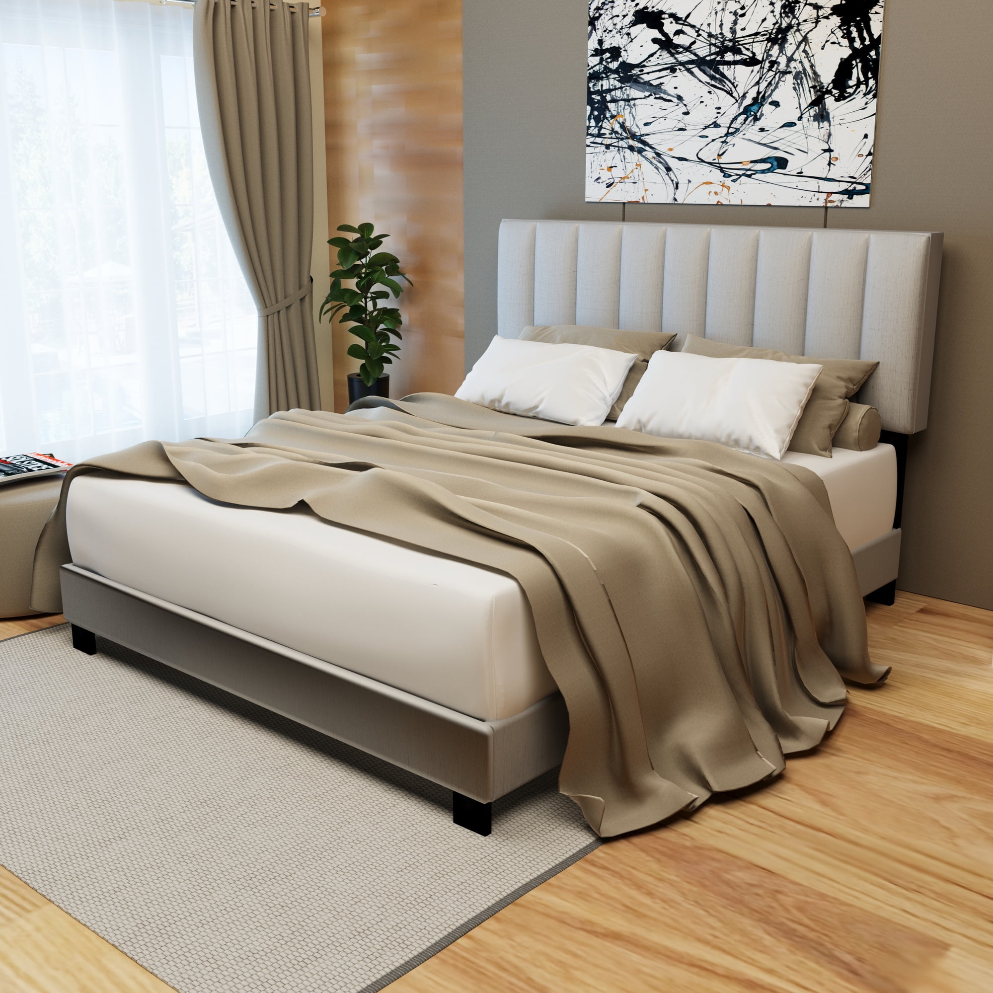 Queen-size Upholstered Gray Bed Frame, Vintage-style Clean Appearance ...