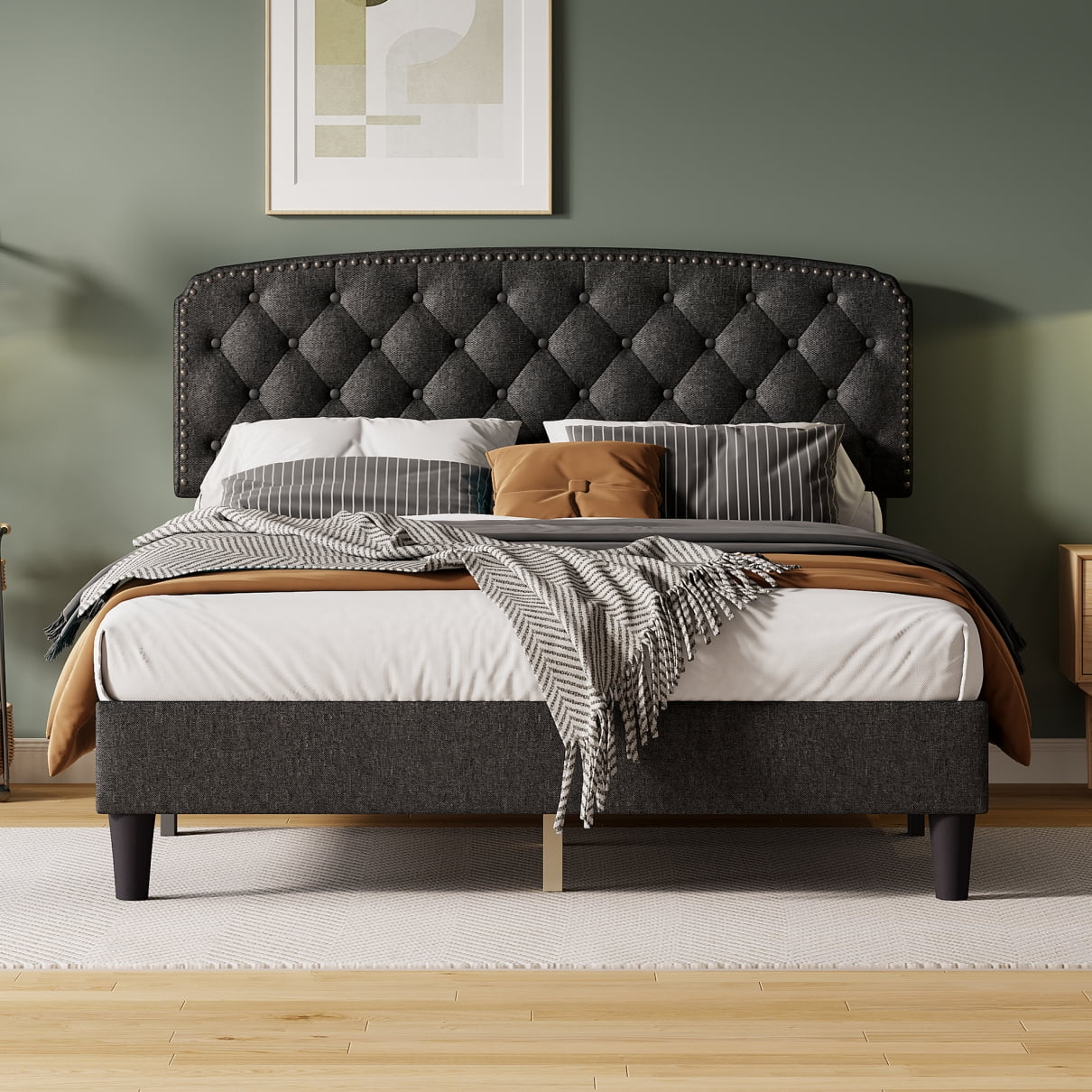 Queen size Upholstered Platform Bed with Adjustable Headboard, Linen ...