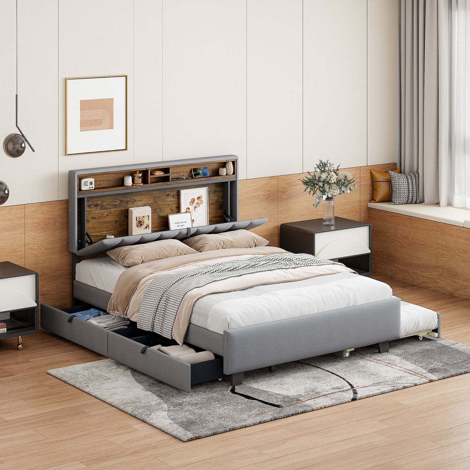 Queen Size Upholstered Platform Bed With Storage Headboard, Twin XL ...