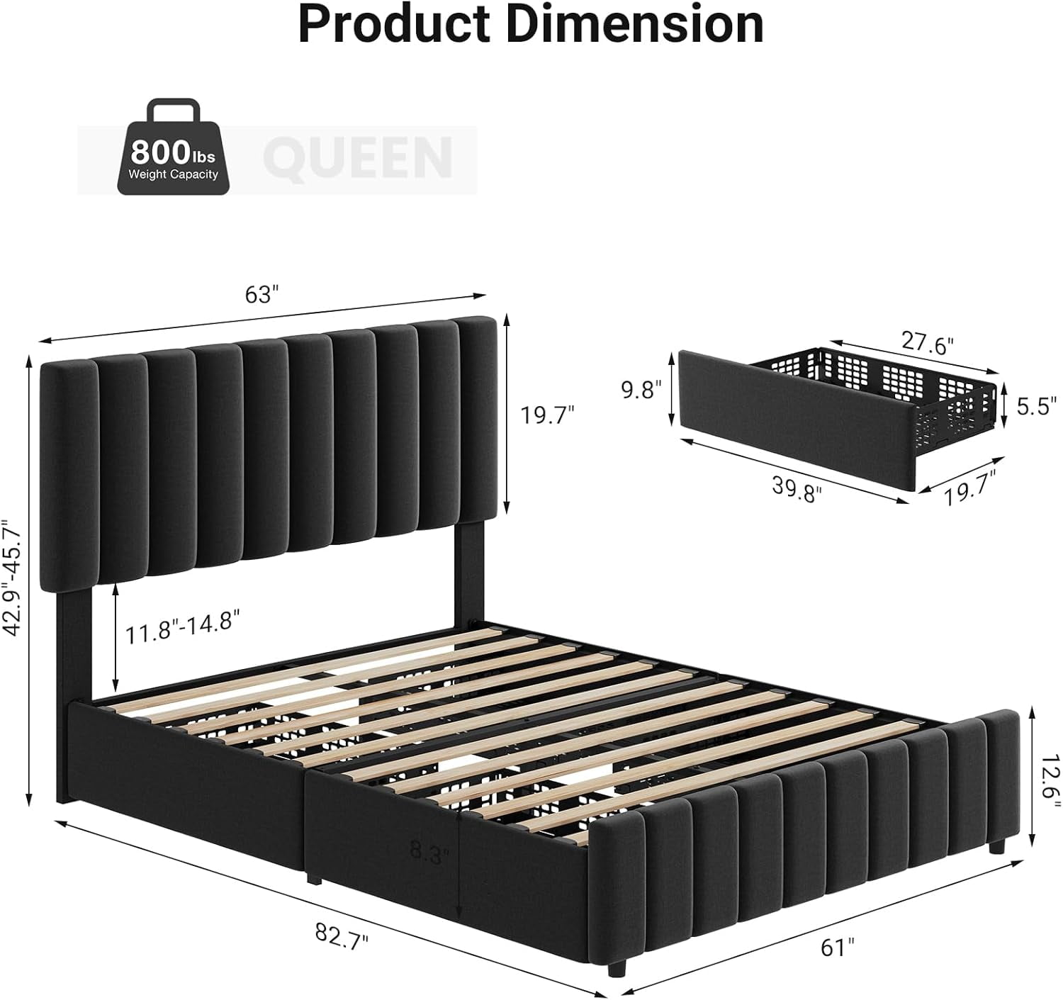 Queen size Vertical Soft-Covered Plastic Drawer Bed, Adjustable Height ...
