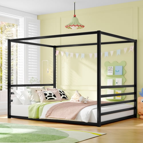 Queen size sunshade floor bed, iron double-size bed frame, modern low ...